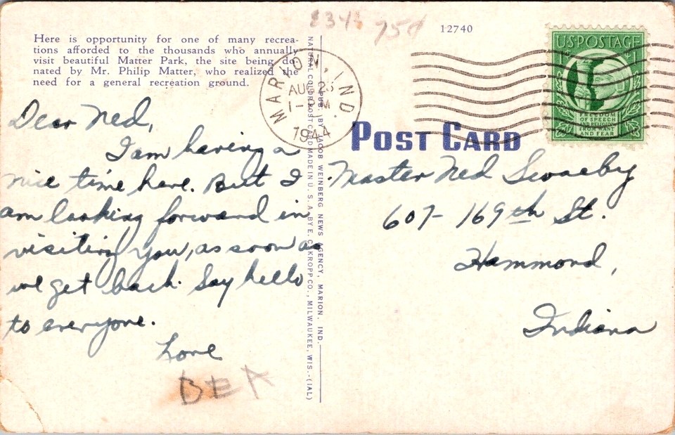 Postcard Marion Indiana Matter Park Swimming Pool Posted 1944 | eBay
