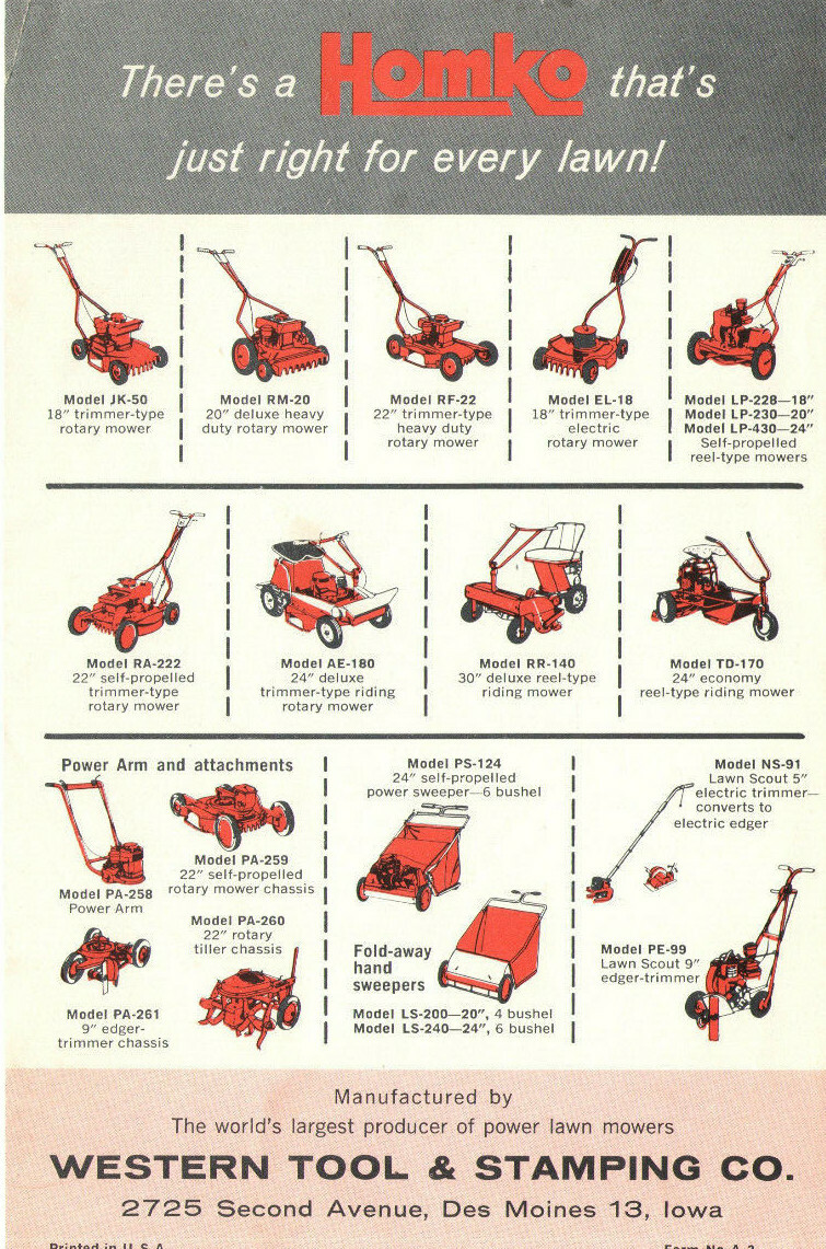 VINTAGE HOMKO 'SWEPT-LINE' POWER MOWER BROCHURE! ONE SHEET! REEL ...
