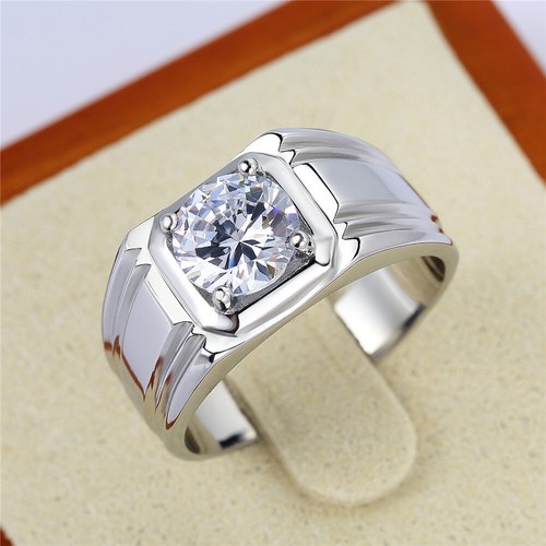 Men Cubic Zirconia Band Ring Stainless Steel Promise Wedding Engagement ...