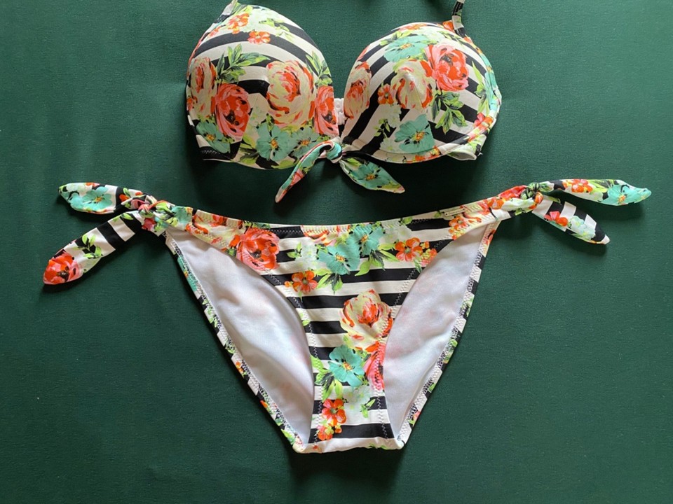 Boux Avenue Floral/Striped Halter Neck Padded Bikini | 30DD Top, Size 8 ...