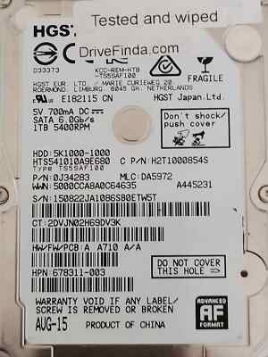 Hitachi HTS541010A9E680 C PN H2T1O00854S 0J34283 DA5972 220 0A90351 01 ...