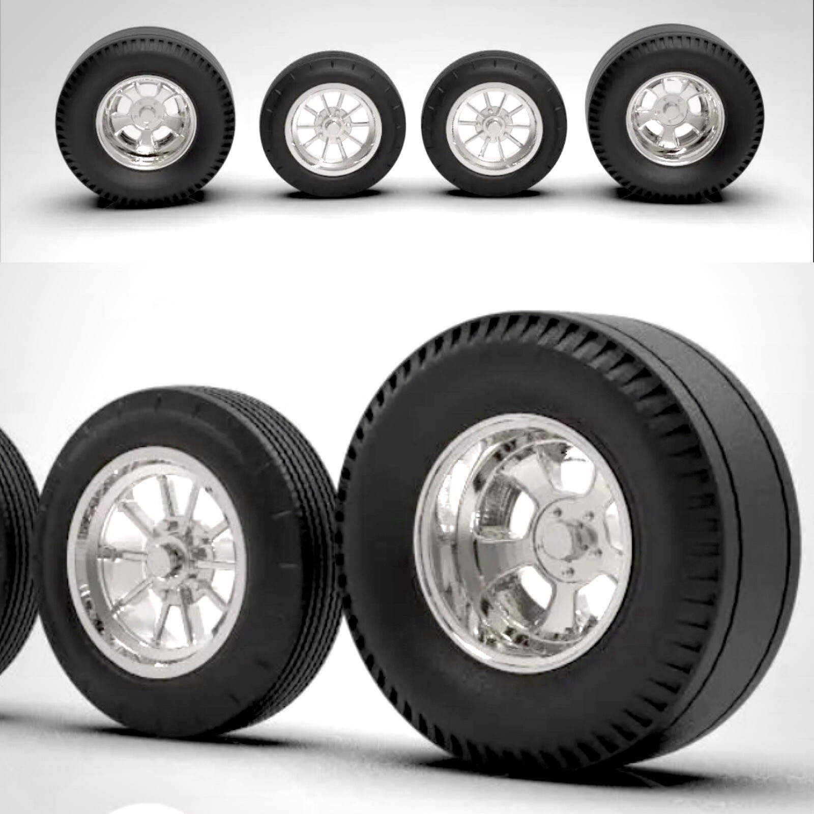 1:12 Halibrand Rear and Ten Spoke Front wheels. Pie Crust rear/Coker ...