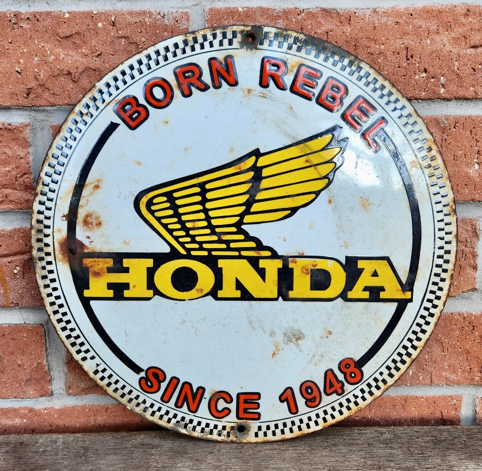 SUPERB LARGE ROUND HONDA MOTORCYCLE - BORN REBEL ENAMEL SIGN - MANCAVE ...