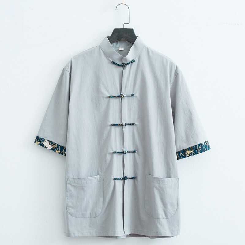 Men Tang Suit Shirt Chinese Kung Fu Tai Chi Short Sleeve Frog Button ...