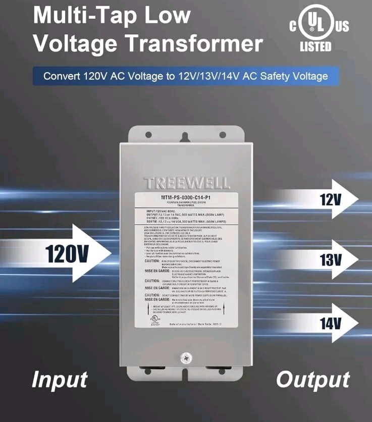 Treeweel 300W Pool Light Transformer, 120VAC to 12V/13V/14V AC Multi ...