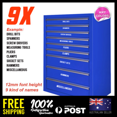 9x Custom Tool Box Drawer Label Name Stickers Tradesmen Tradie 12mm ...