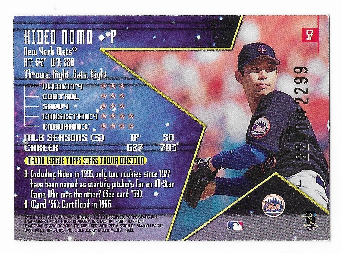 Hideo Nomo 1998 Topps Stars Gold #57 /2299 Parallel New York Mets MLB ...