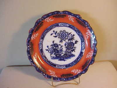 RARE SET THREE ANTIQUE ORANGE & COBALT FLOW BLUE DINNER PLATES - CANTON ...