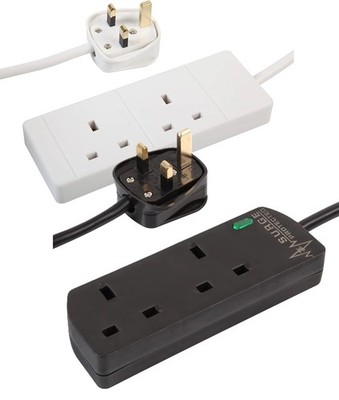 2 Two Gang Extension Lead 13A Surge Protected Black White UK Plug ...