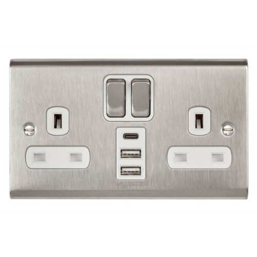Deta SD1288SSW Slimline Twin 13 Amp Switch Socket c/w 3 x USB Stainless ...