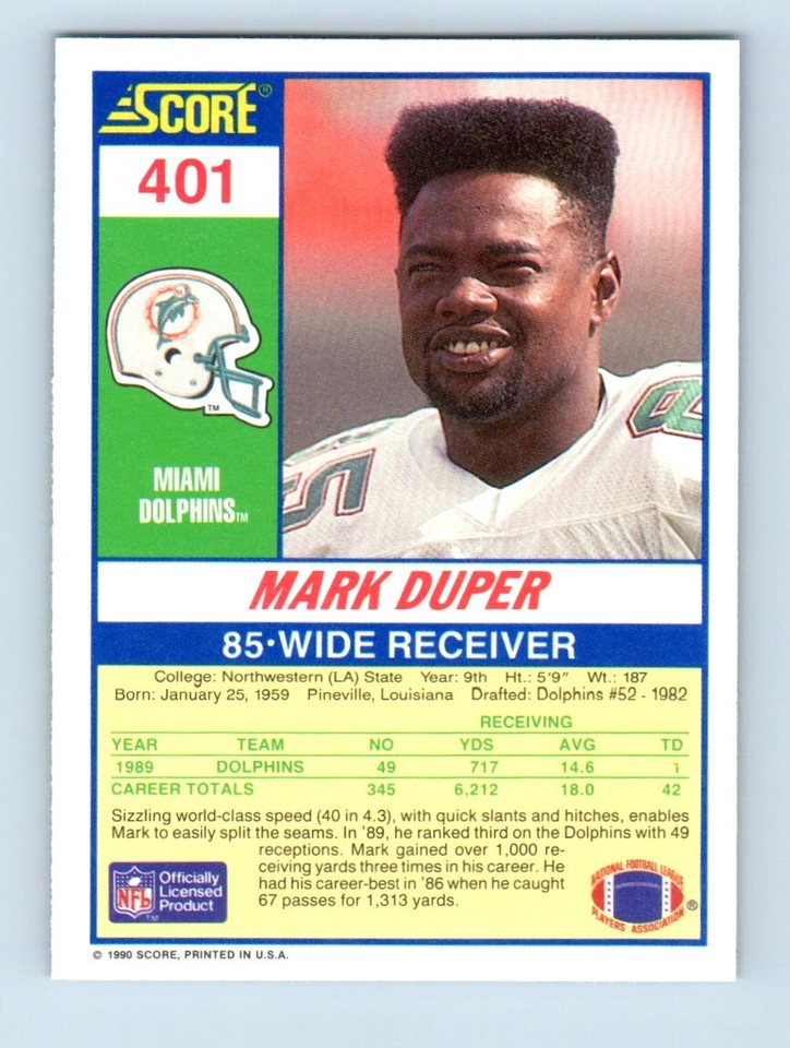 1990 Score Mark Duper Miami Dolphins #401 | eBay