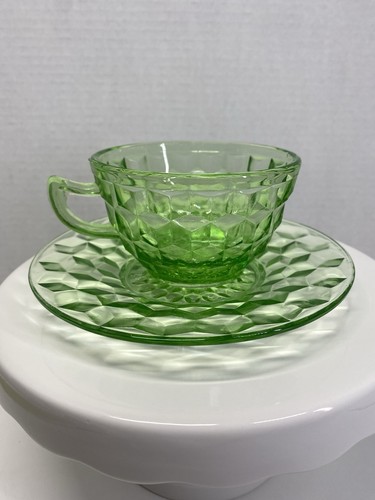 VTG Green Depression Uranium Glass cube Pattern Tea Cup and Saucer EUC ...