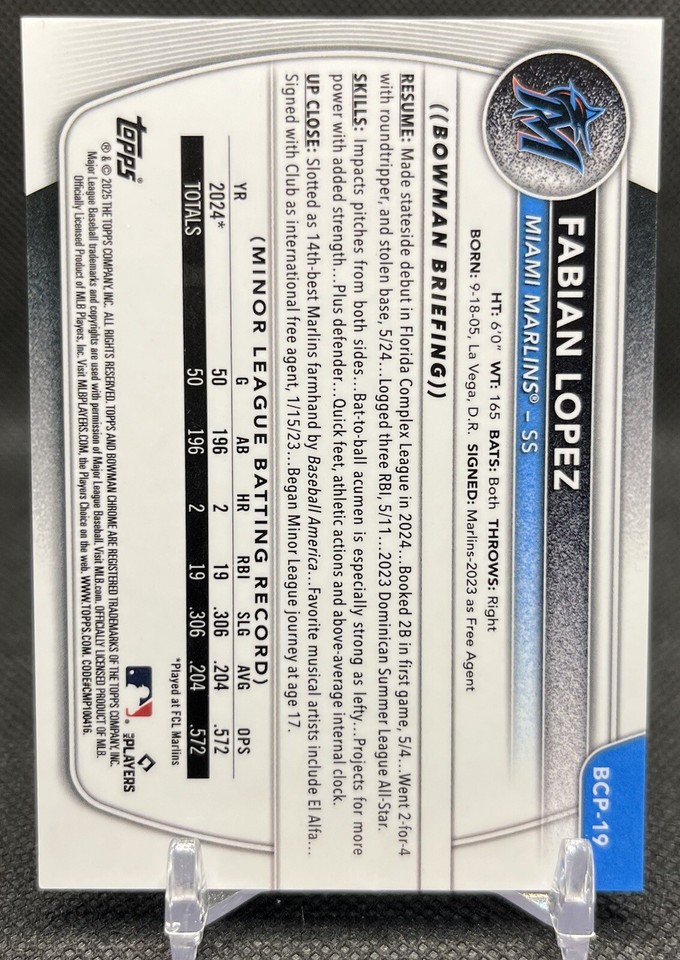 2025 Bowman FABIAN LOPEZ 1st Bowman Chrome Black Pattern /10! - Miami ...