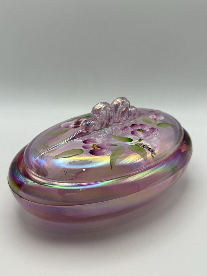 Vintage Fenton Pink Opalescent Floral Trinket Box w/Lid Hand Painted ...