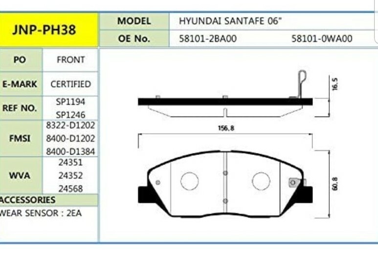 J&P Brake Pad JNP-PH38, Model 58101 2BA00, 58101 0WA00, Santa Fe ...