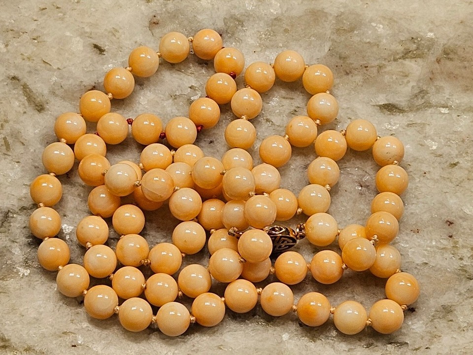 RARE VINTAGE GUMPS ANGEL SKIN CORAL 14K GOLD 31" BI SHOU BEADED ...