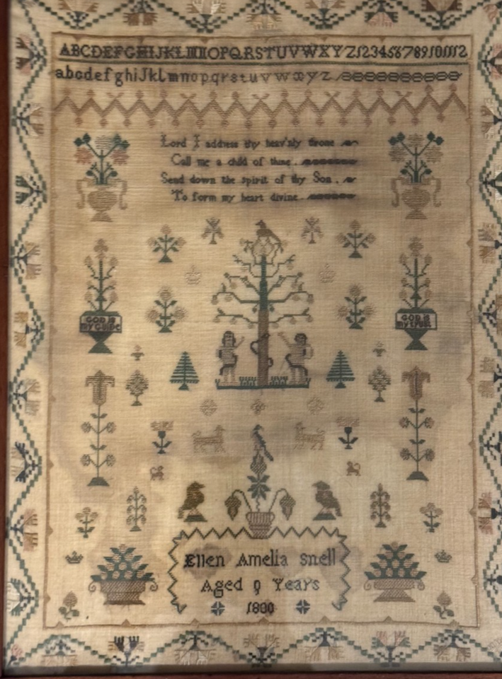 Antique Needlework Alphabet Sampler Mahogany Frame Ellen Amelia Snell ...