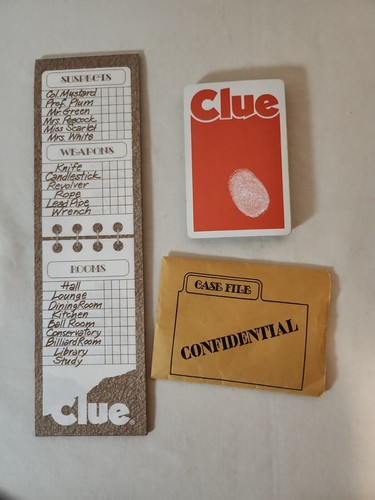 1972 CLUE BOARD GAME- Complete Set Cards, Case Envelope, Notebook ...