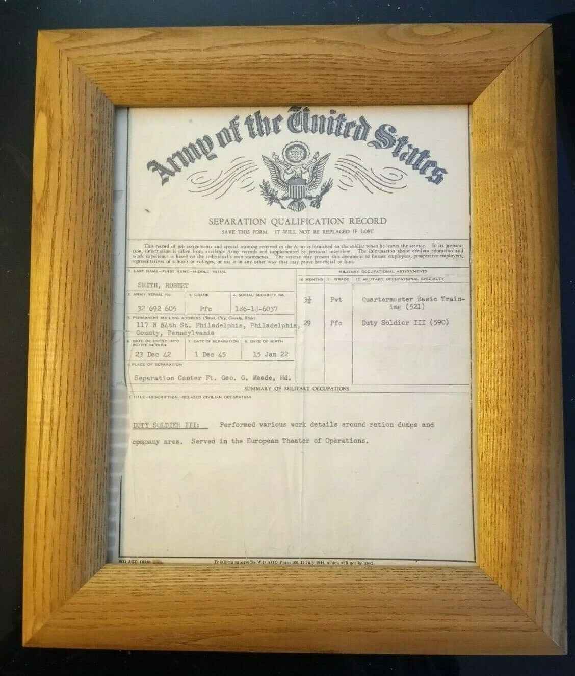 WWII Army Separation Qualification Papers (Framed) 13 X 11 X 1 | eBay