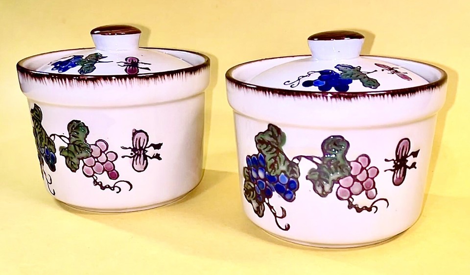 Set of 2 Vintage Mini Stoneware Crock with Lid Grape Vine & Bee Design ...
