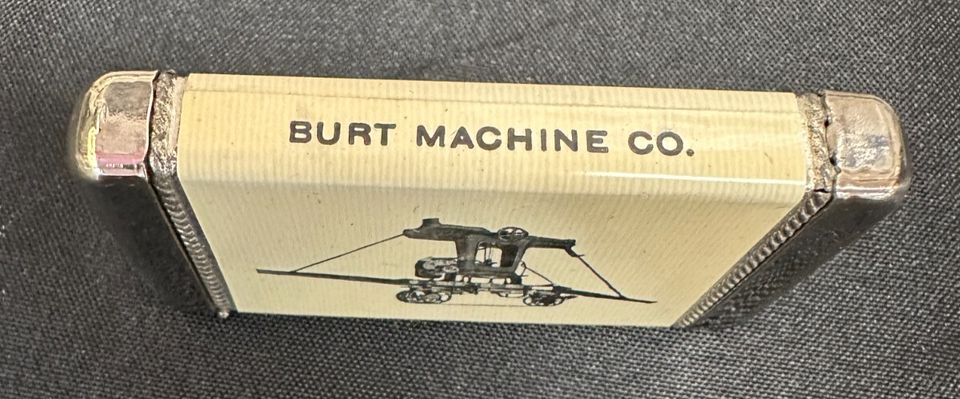 VINTAGE CELLULOID ADVERTISING MATCH SAFE BURT MACHINE CO. PICTURE OF ...