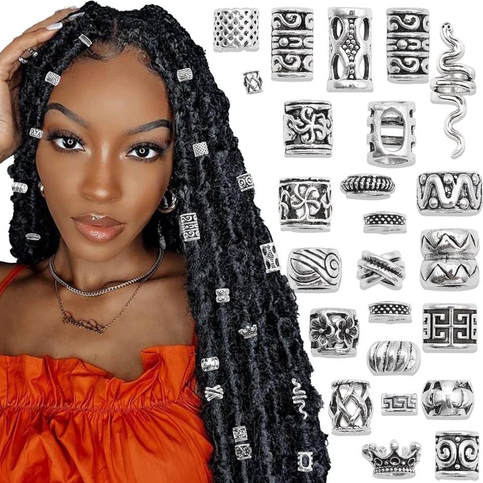 26PCS Silver Hair Beads Loc Jewelry - Dreadlocks Accessories, DIY Braids Rings, | eBay