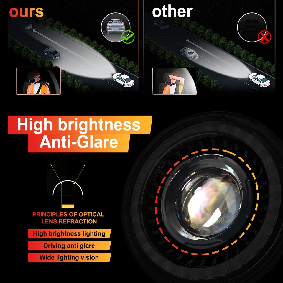 7" Inch Round LED Headlights W/DRL & Amber Turn For Jeep Wrangler JK TJ ...