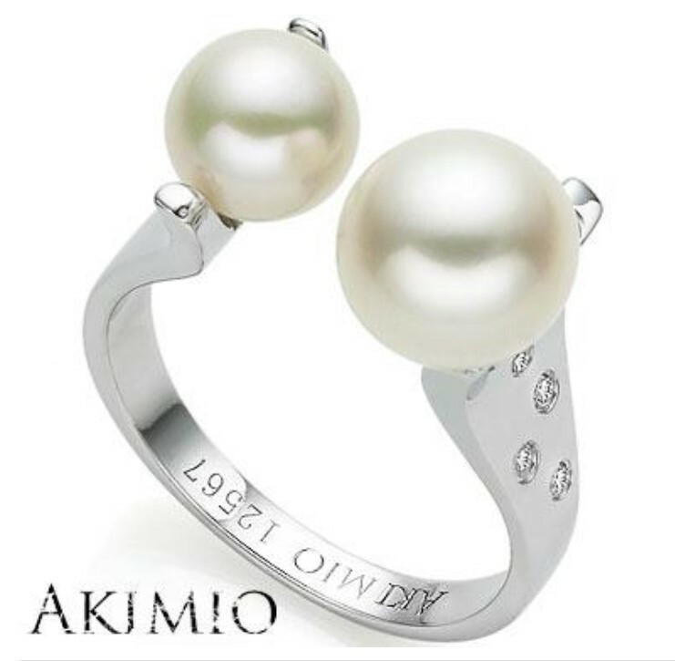 Akimio 2 Pearls & Lab Diamonds St.Silver plated in platinum Ring, size ...