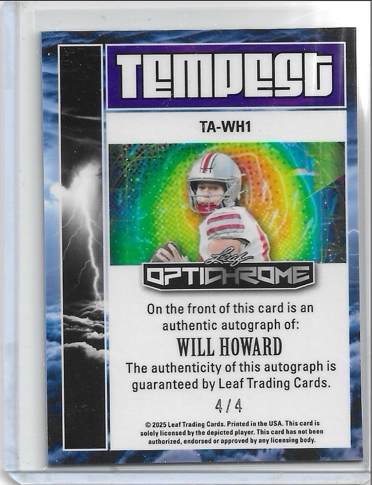 Will Howard 2025 Leaf Optichrome SP Tempest Auto Autograph /4 Steelers ...