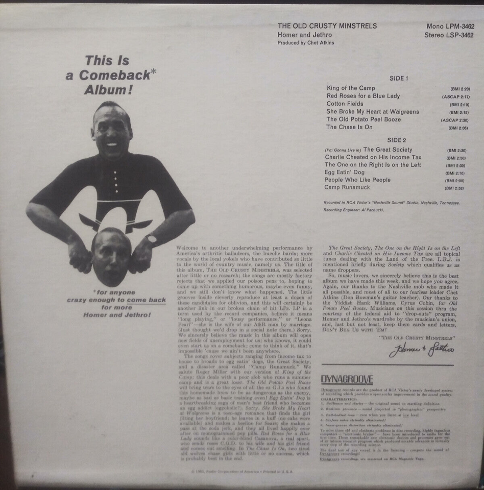 HOMER AND JETHRO THE OLD CRUSTY MINSTRELS 1965 LPM-3462 VG+ | eBay