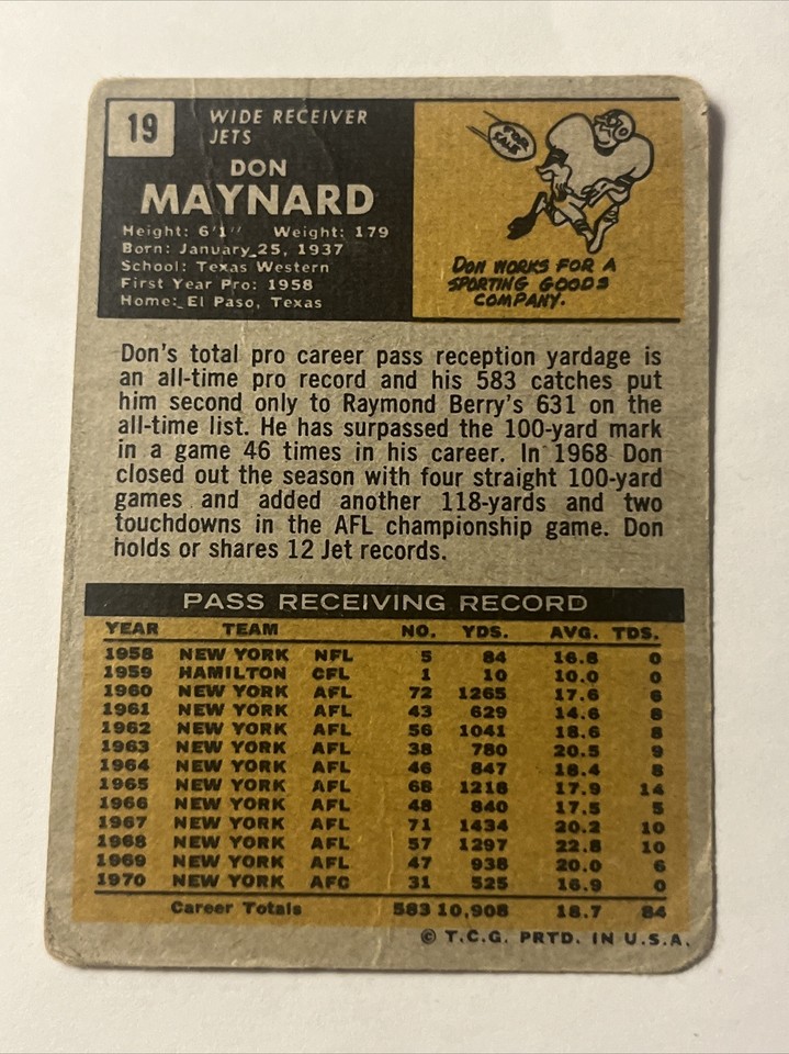 1971 Topps Football #19 Don Maynard New York Jets Vintage Football Card ...