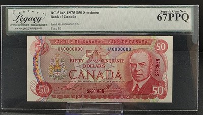 1975 Canada $50 Specimen Banknote UNC 67 Legacy | Rare High Grade Note ...