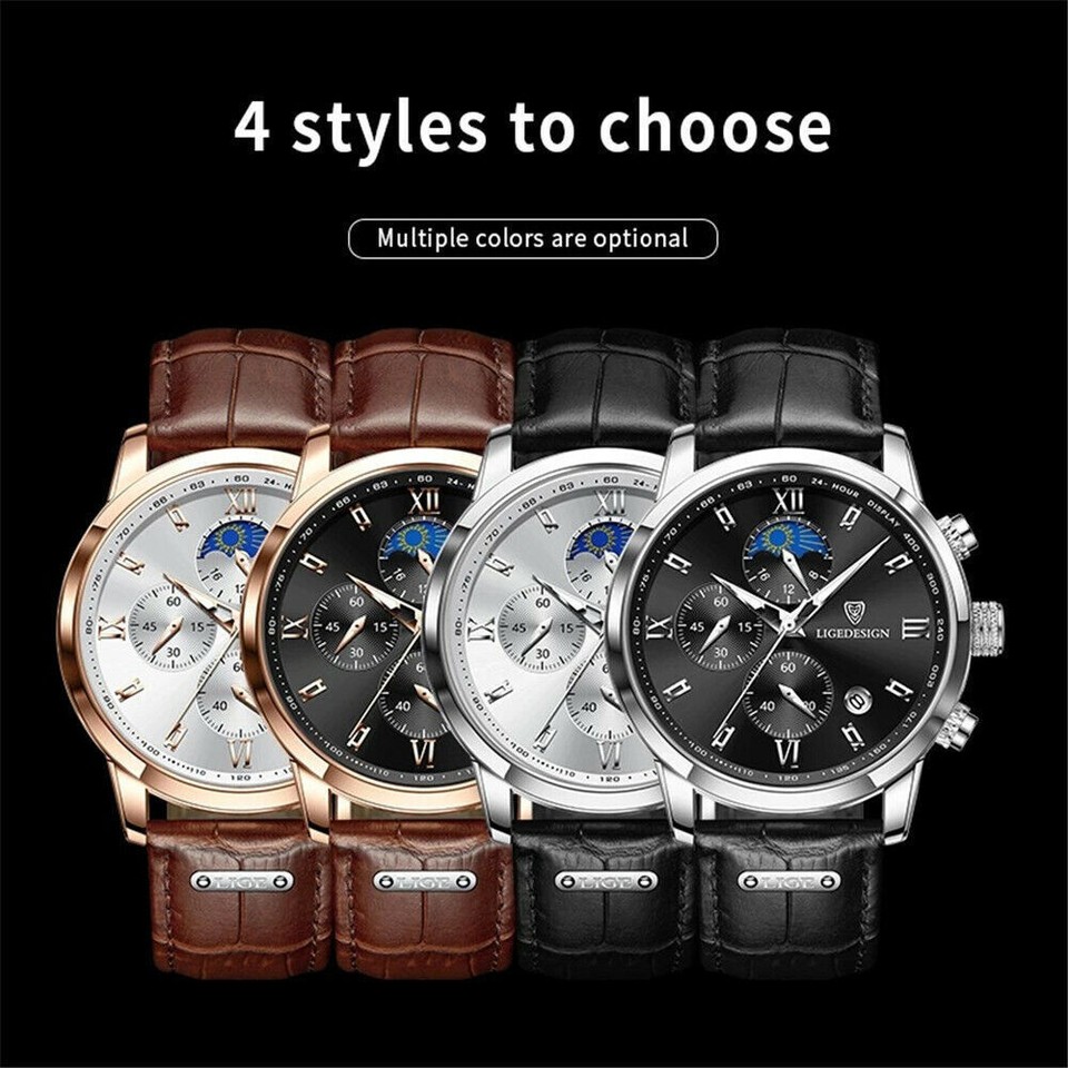 LIGE Men Watch Roman Numerals Quartz Wristwatch Moon Phase Leather Boys ...