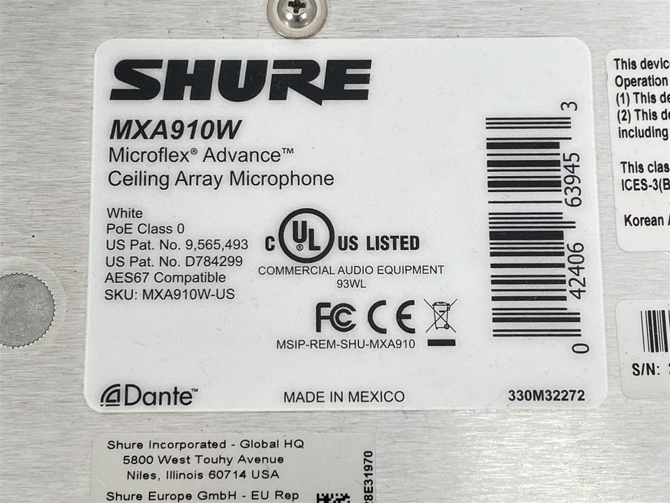 Shure MicroFlex MXA910W Ceiling Array Microphone w/ Flange *Cosmetic ...