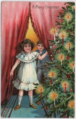 A Merry Christmas, Children Red Curtain Tree Candles, postcard ...