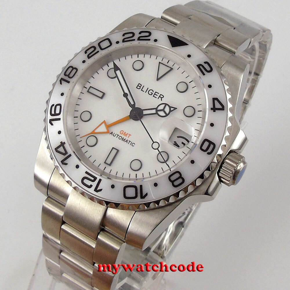 40mm BLIGER White Dial Ceramic Bezel NH34A GMT Automatic Mens Watch ...