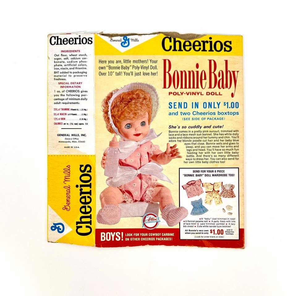 Vintage 1960s General Mills Cheerios Cereal Box Allied Bonnie Baby ...