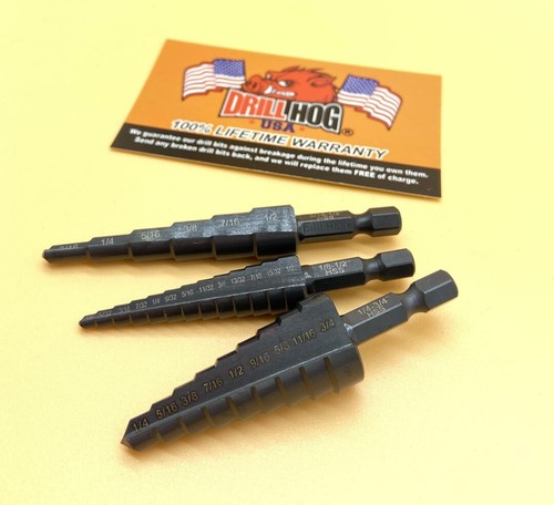 Drill Hog® 3 Pc Step Drill Bit Set UNIBIT Pig Steel M60 1/4 Hex Shank ...