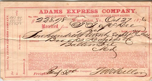 Antique 1876 Adams Express Company Shipping Receipt Winchester Virginia ...