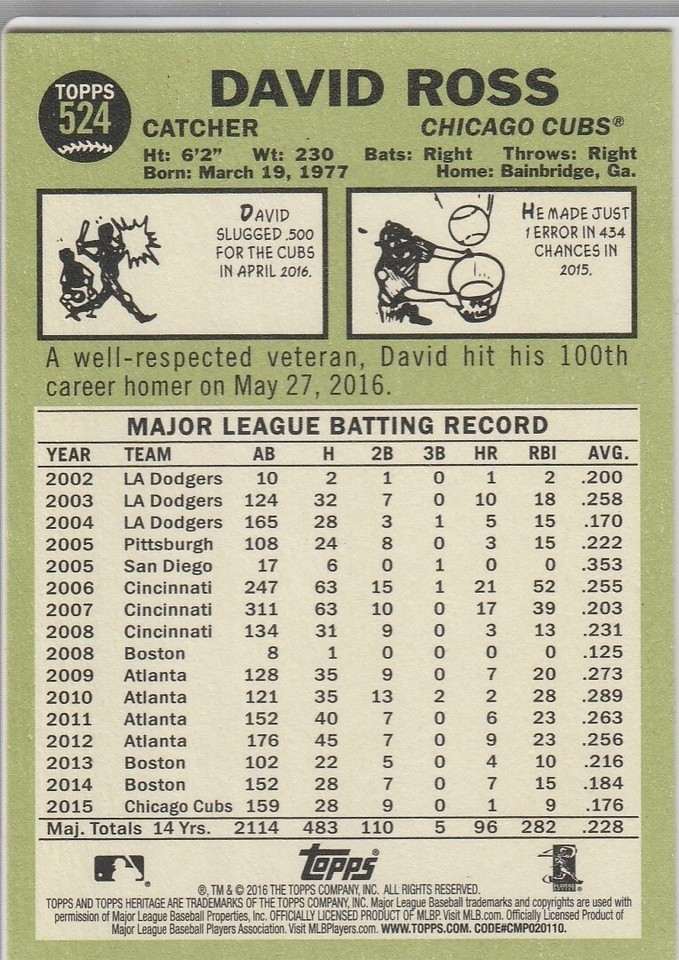 DAVID ROSS 2016 Topps Heritage High Number CHICAGO CUB BASEBALL CARD ...