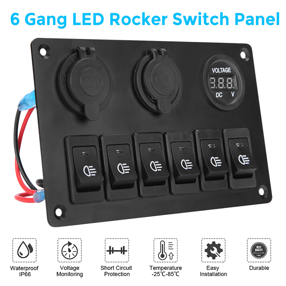 6 Gang 12V Switch Panel Control USB ON-OFF LED Rocker Toggle For Car ...