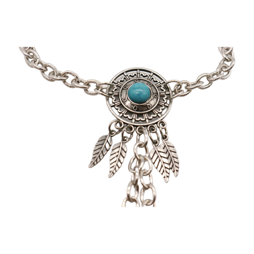Women Silver Metal Hand Chain Bracelet Connected Ring Turquoise ...