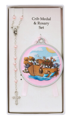 Pink Ribbon Enameled Noah's Ark Crib Medal and Beaded Madonna Rosary ...