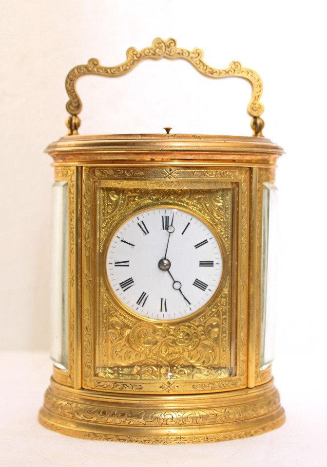SUPERB DROCOURT OVAL ONE-PIECE ENGRAVED CARRIAGE CLOCK REPEATER GILT ...