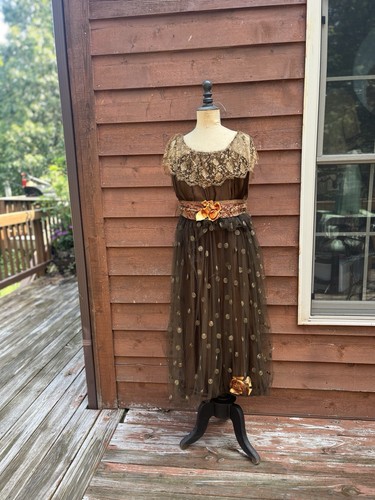 Antique, Slinky Brown,Flapper Dress,Gold,Polka Dot Lace Over Skirt ...