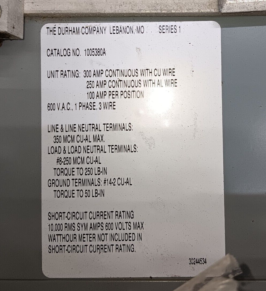 DURHAM 1005380A 300/250 AMP 6-GANG METER BANK 100A PER POS 4-JAW ...