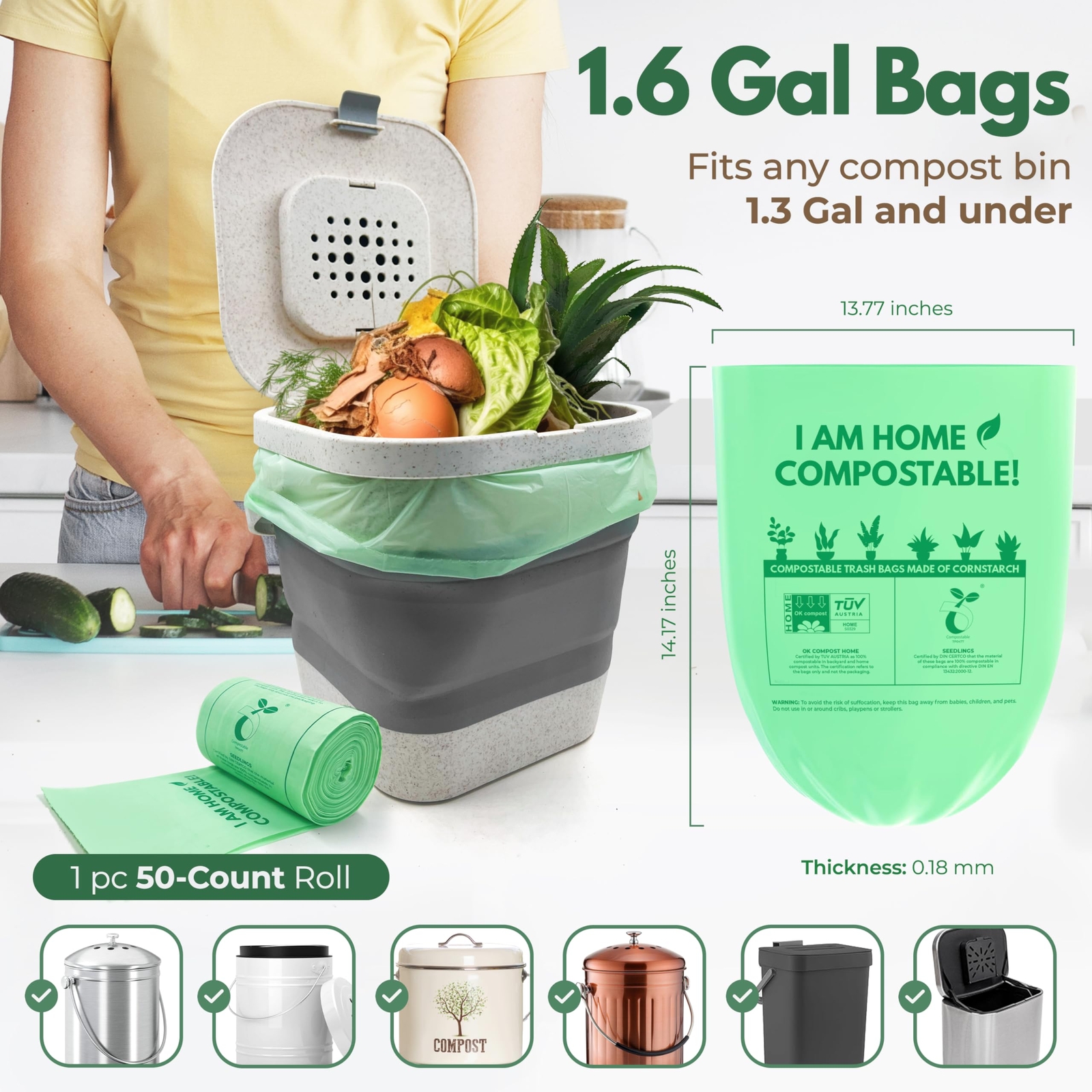 Compostable Trash Bags Small 1.6 Gal 50 Count Green Compost Bags For ...