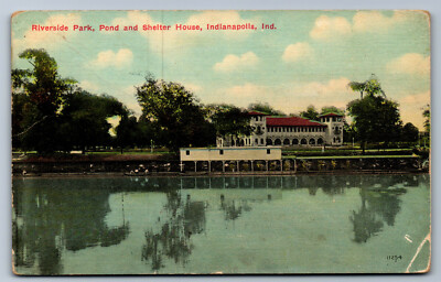 Postcard Indiana IN c.1910's Riverside Park Pond & Shelter House Indpls ...