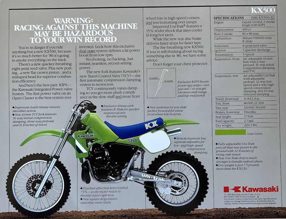 1986 Kawasaki KX500-B2 Double-sided brochure-literature | eBay