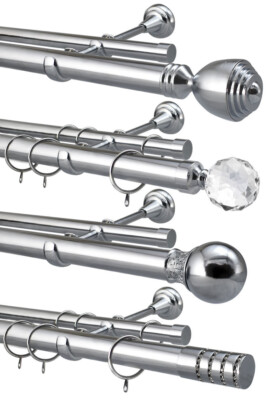 Double Eyelet Curtain Pole Rod Chrome Diameter 28mm / 19mm Finials No ...